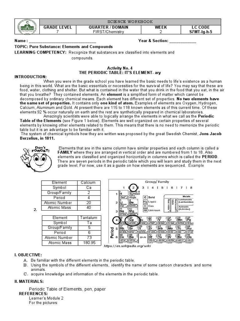 7 q1 m2 Las 4 The Periodic Table Its Element Ary RTF 1 | PDF | Chemical ...