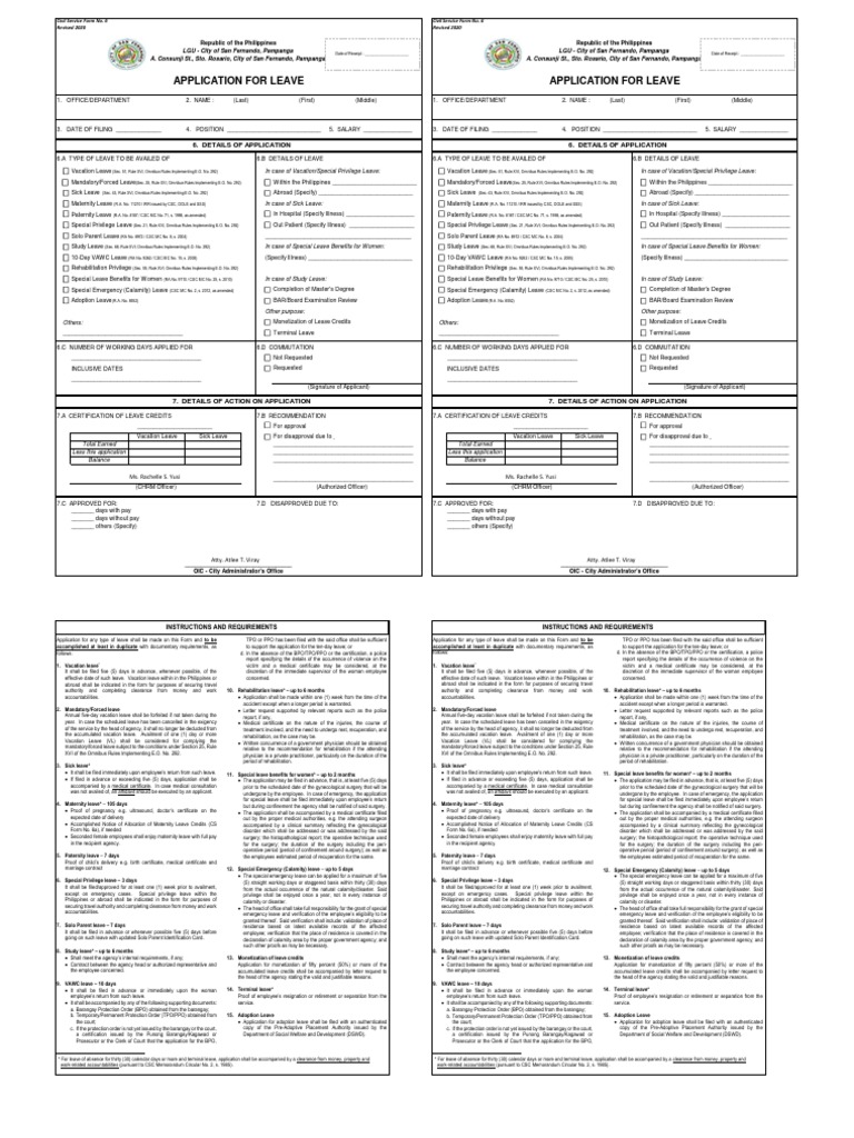 CS Form No. 6 Revised Application For Leave | PDF | Gynaecology ...