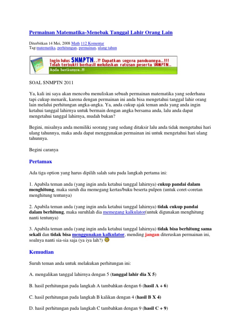 Permainan Matematika-Menebak TGL Lahir | PDF
