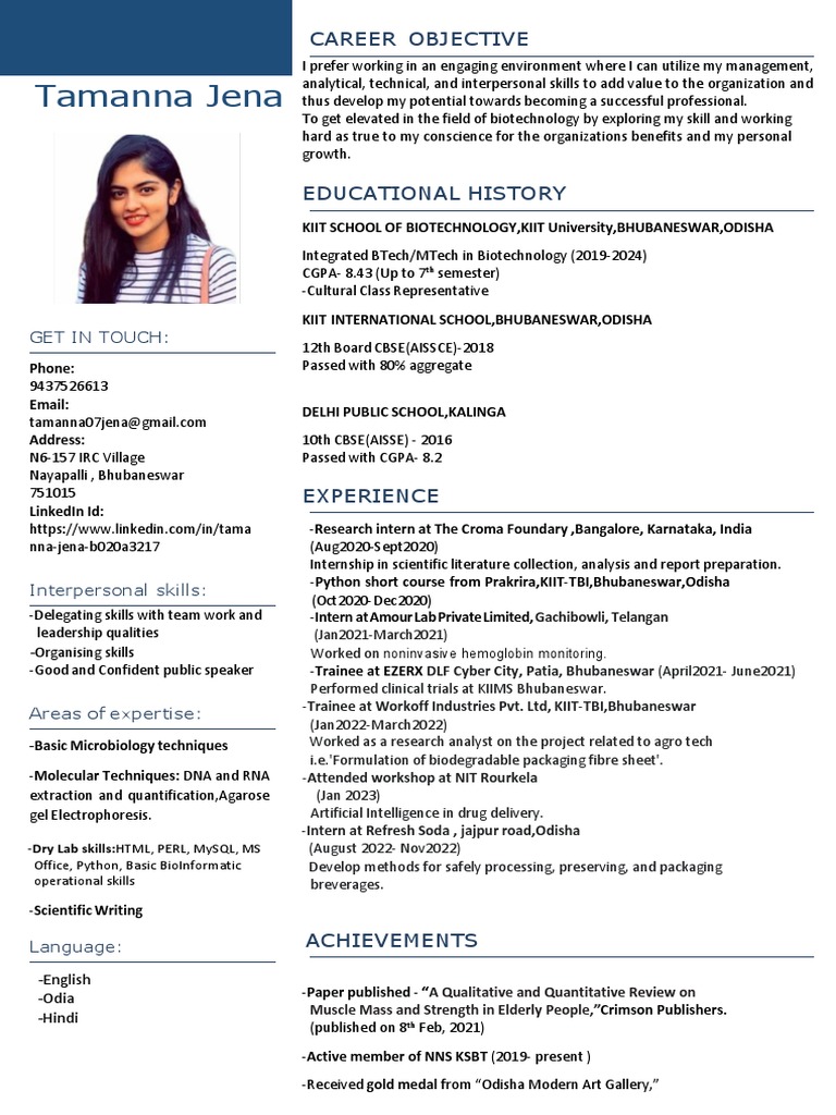 Tamanna Jena: Career Objective | PDF | Chemistry | Life Sciences