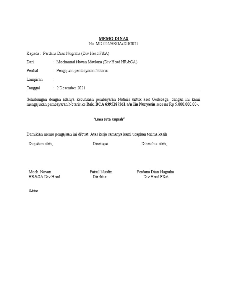 026 MEMO DINAS Pengajuan Pembayaran Notaris | PDF