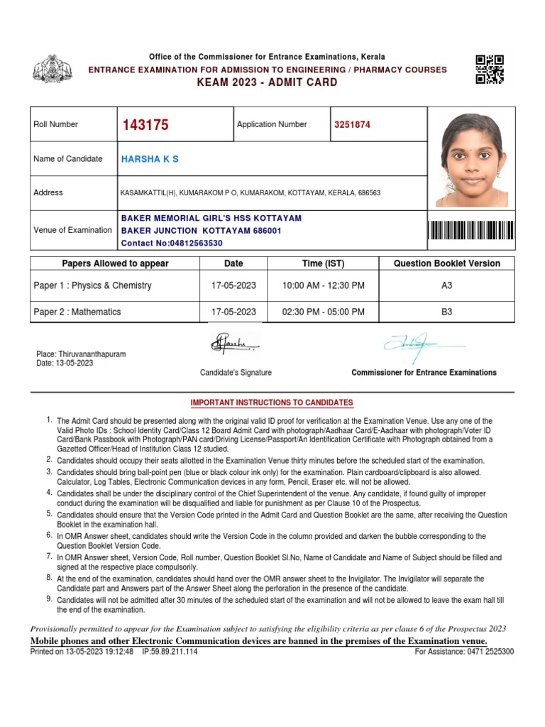 Admitcard PDF | Download Free PDF | Identity Document