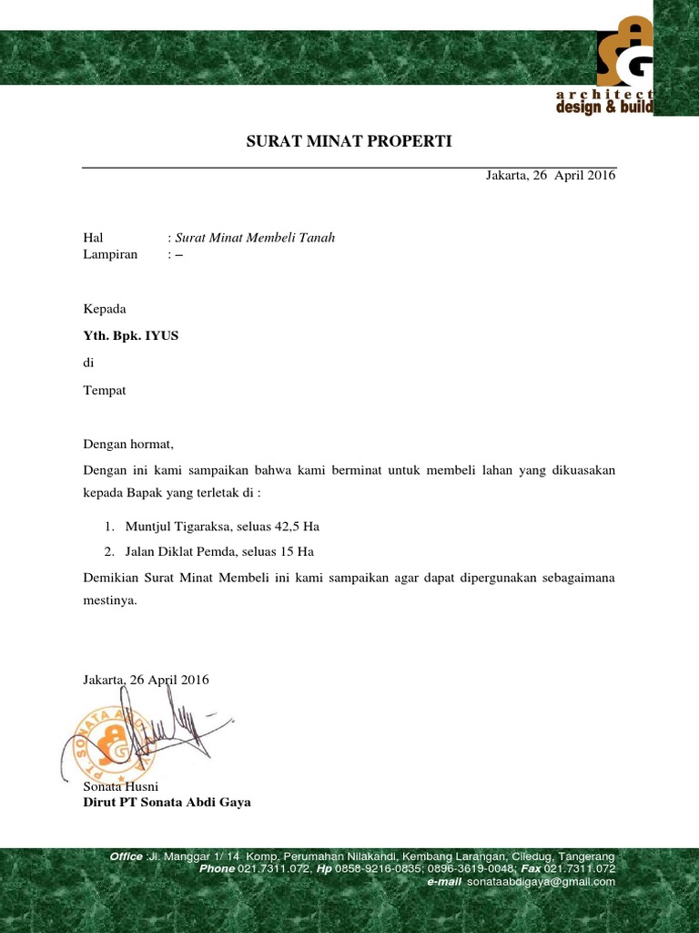 Surat Minat Pembelian Tanah | PDF