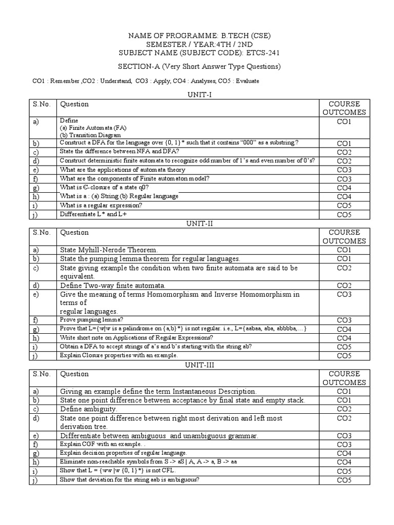 B.Tech CSE: Automata Theory Guide | PDF | String (Computer Science) | Metalogic