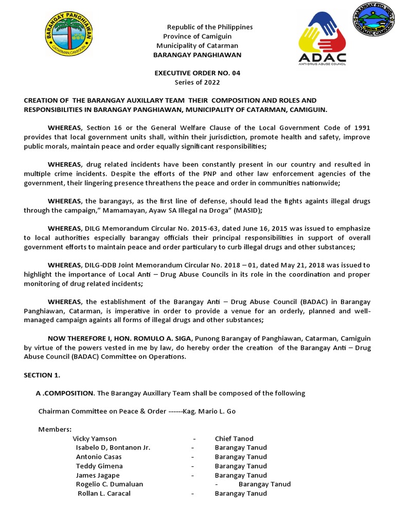 2022 - Executive Order - BADAC - Barangay Auxillary Team | PDF | Drug ...