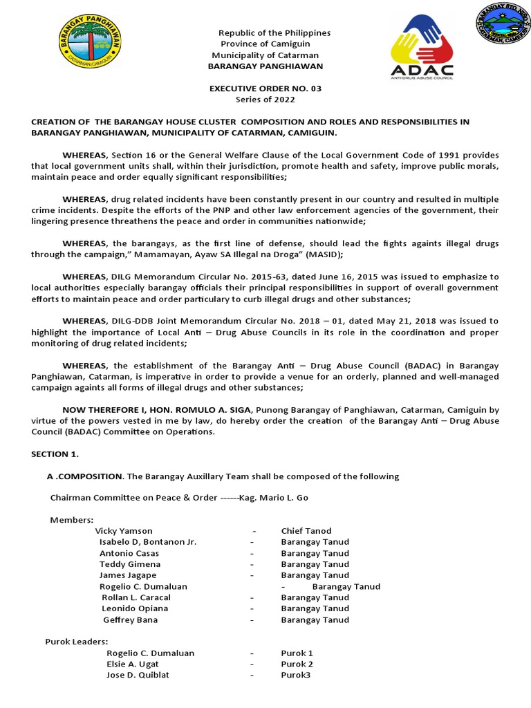 2022 - Executive Order - BADAC - Barangay Cluster House | PDF | Drug ...