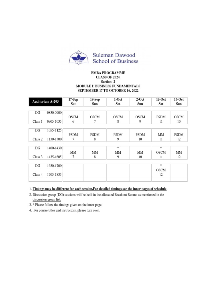 EMBA 2024 Module-1-Schedule (Sep 17 Till Oct 16) Section 2 A-203 | PDF ...