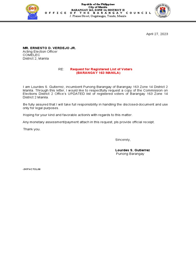 Request For Voters List - 2023 | PDF