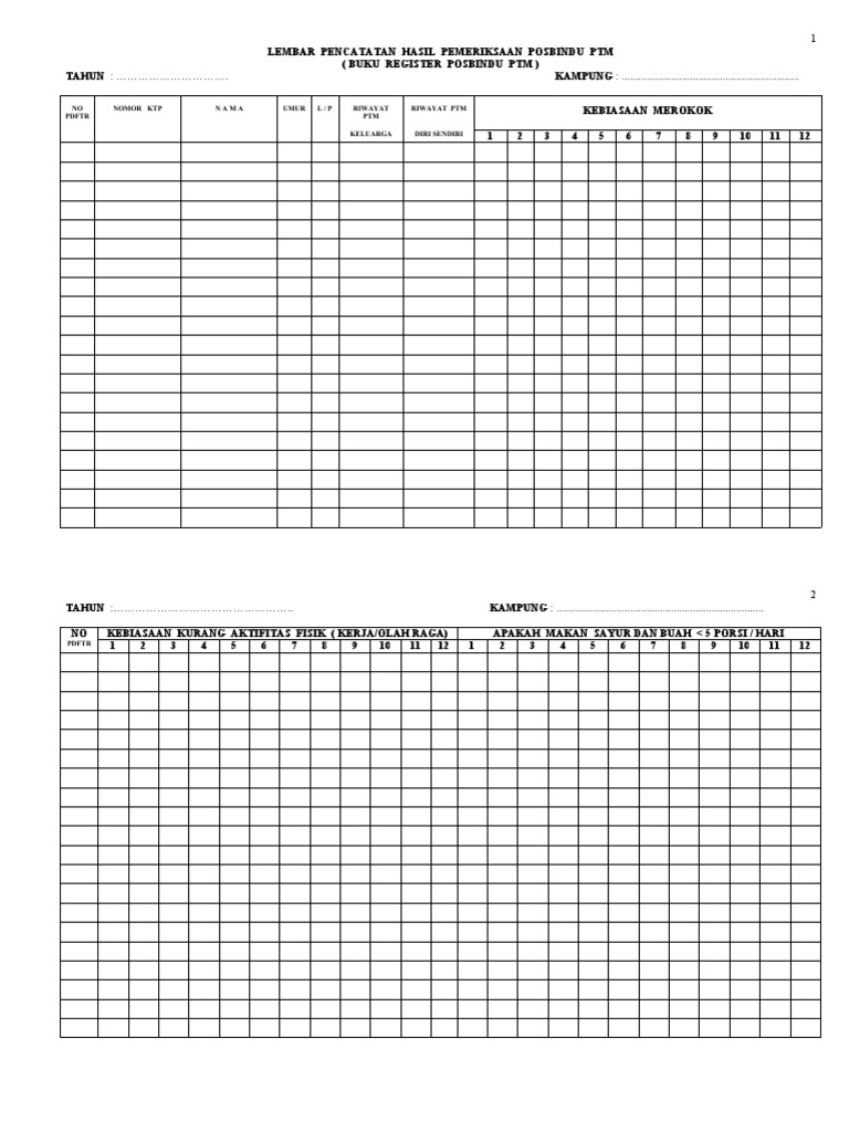 Buku Register PTM Pencatatan Hasil Pemeriksaan LBR 1 - 8 | PDF