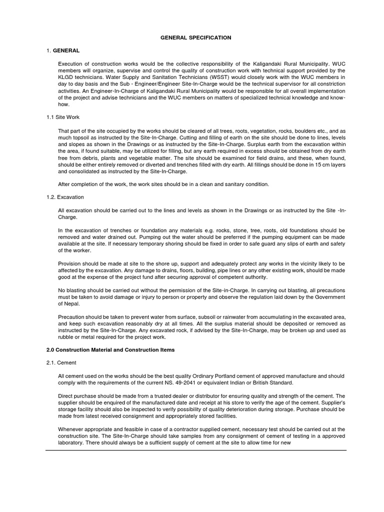 GENERAL SPECIFICATION Water Supply | PDF | Concrete | Construction ...