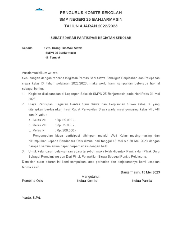 Surat Edaran Partisipasi Kegiatan Sekolah | PDF