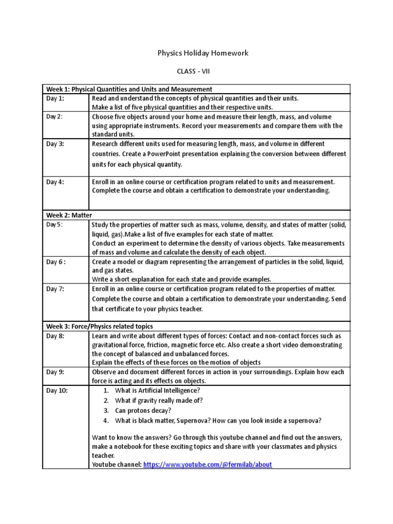 Class 7 Physics Holiday Homework Guide | PDF | Force | Machines