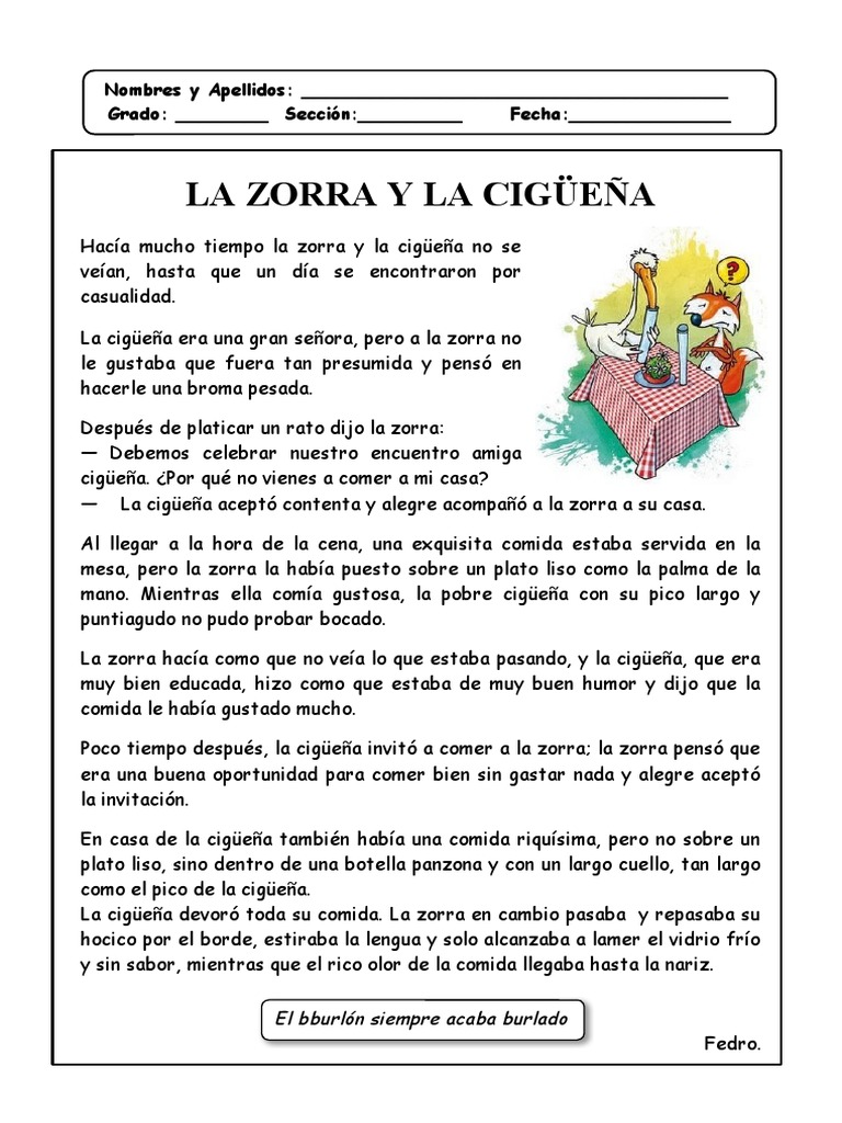 Fábula La Zorra y La Cigueña | PDF