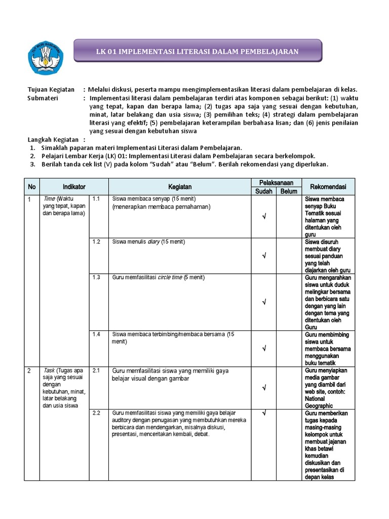 LK 01. Instrumen Implementasi Literasi Dalam Pembelajaran | PDF