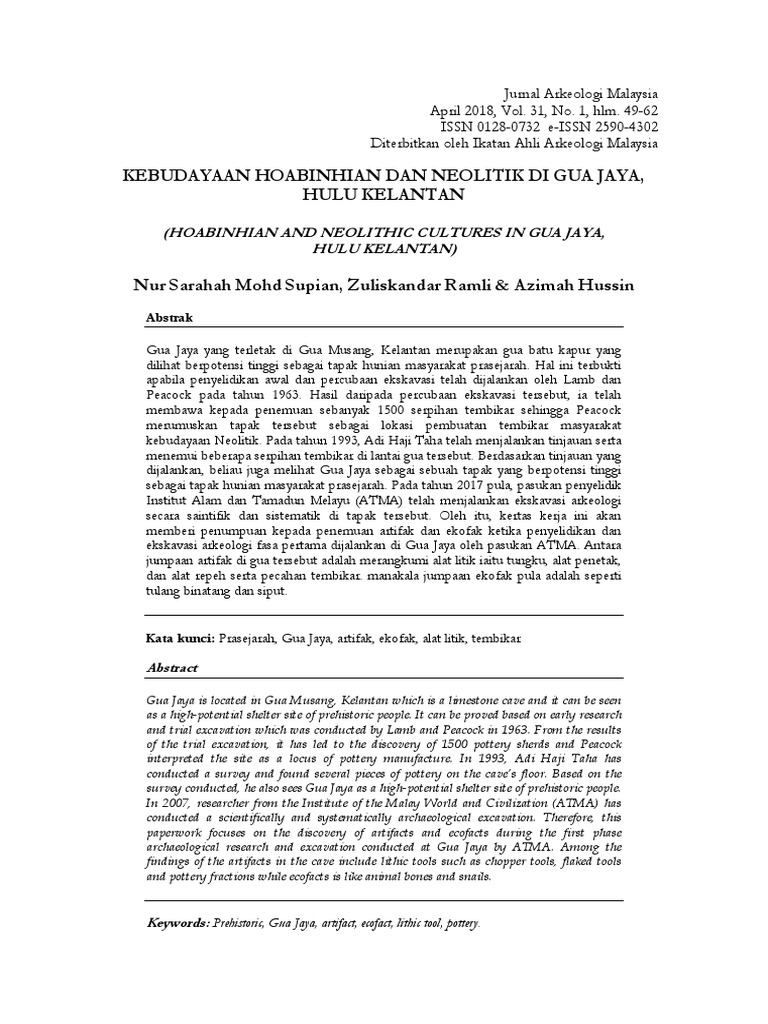 Kebudayaan Hoabinhian Dan Neolitik Di Gua Jaya, Hulu Kelantan (Hoabinhian and Neolithic Culture ...
