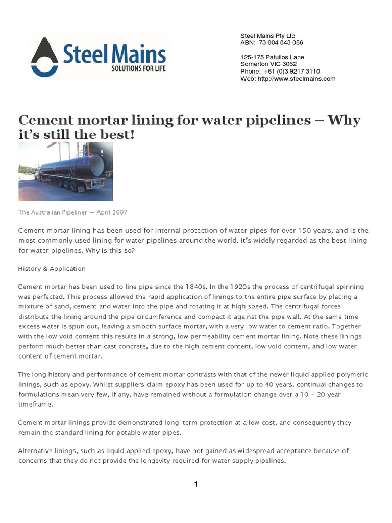 Cement Mortar Lining for Water Pipes | PDF | Pipe (Fluid Conveyance ...