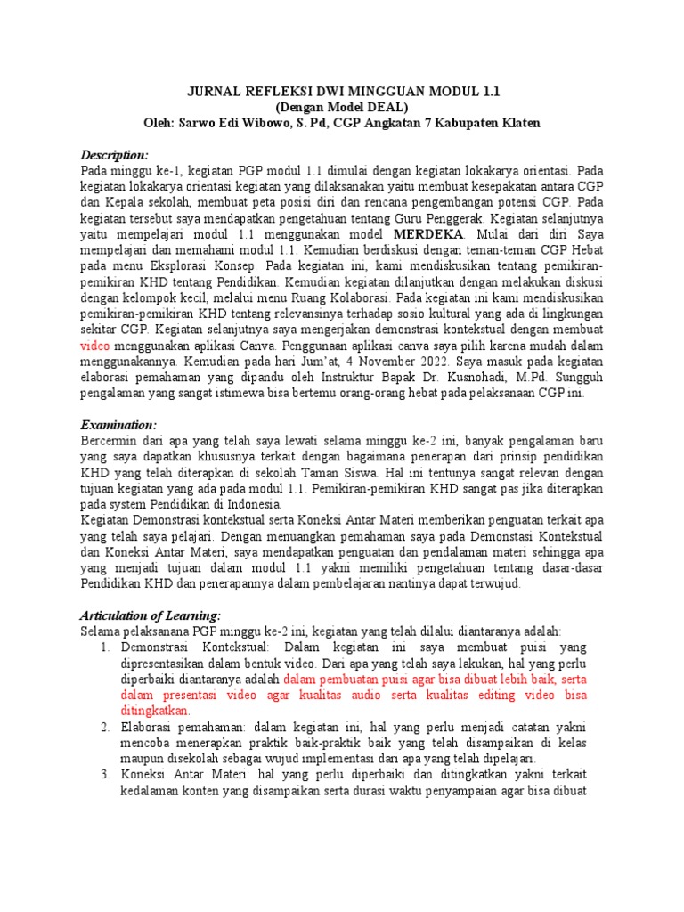 Jurnal Refleksi Dwi Mingguan Modul 1.1 | PDF