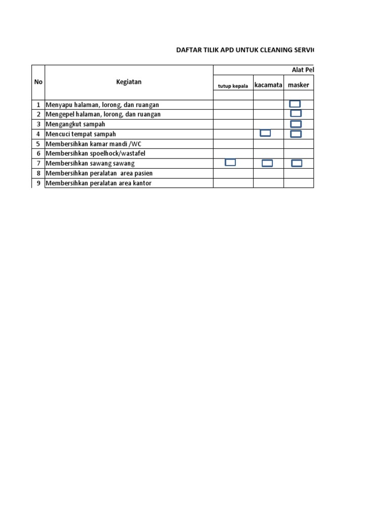 Daftar Tilik APD untuk Cleaning Service | PDF | Sains & Matematika ...