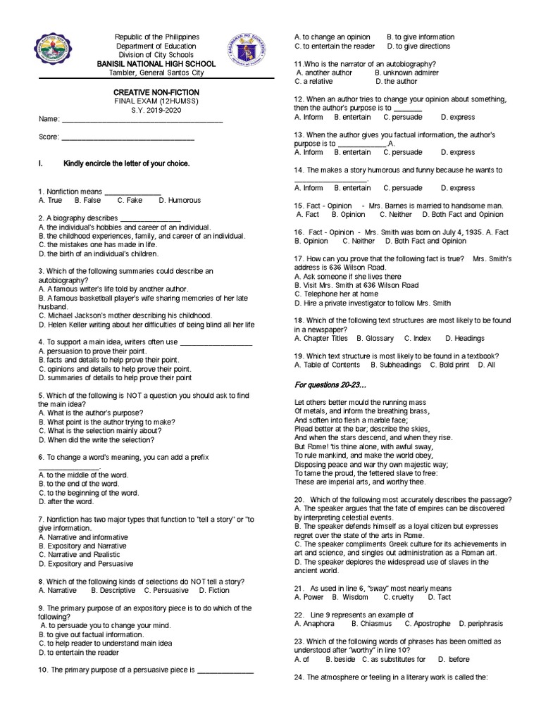 Final Exam | PDF | Poetry | Metre (Poetry)