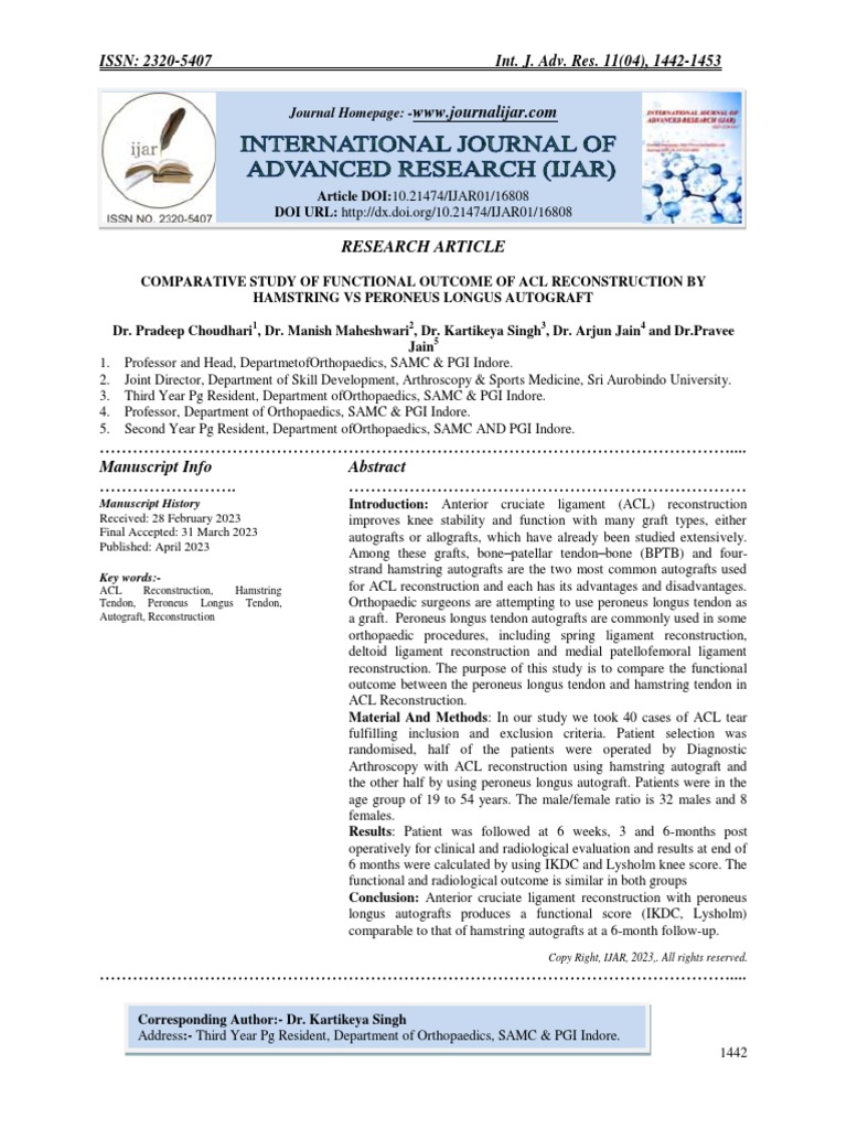 Comparative Study of Functional Outcome of Acl Reconstruction by ...