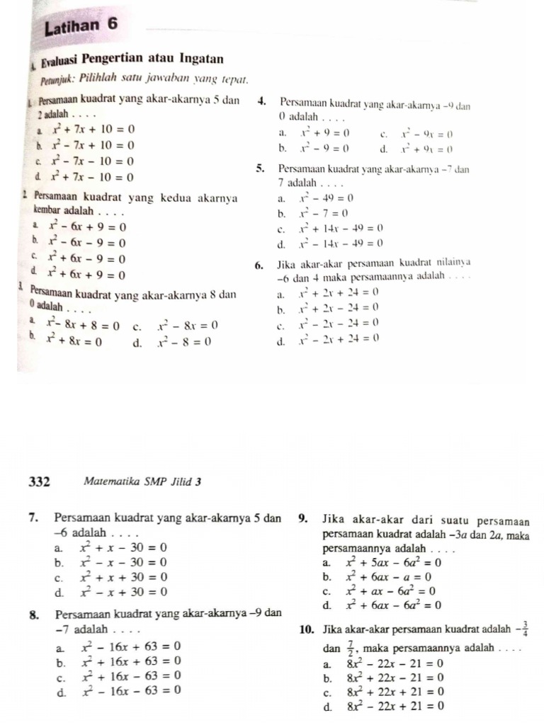 Latihan Soal Persamaan Kuadrat Kelas 9 | PDF