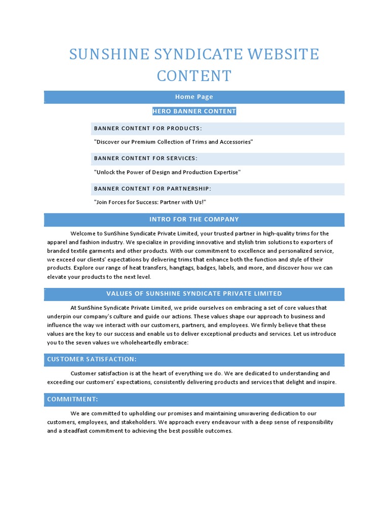 Sunshine Syndicate Website Content | PDF | Brand | Integrity