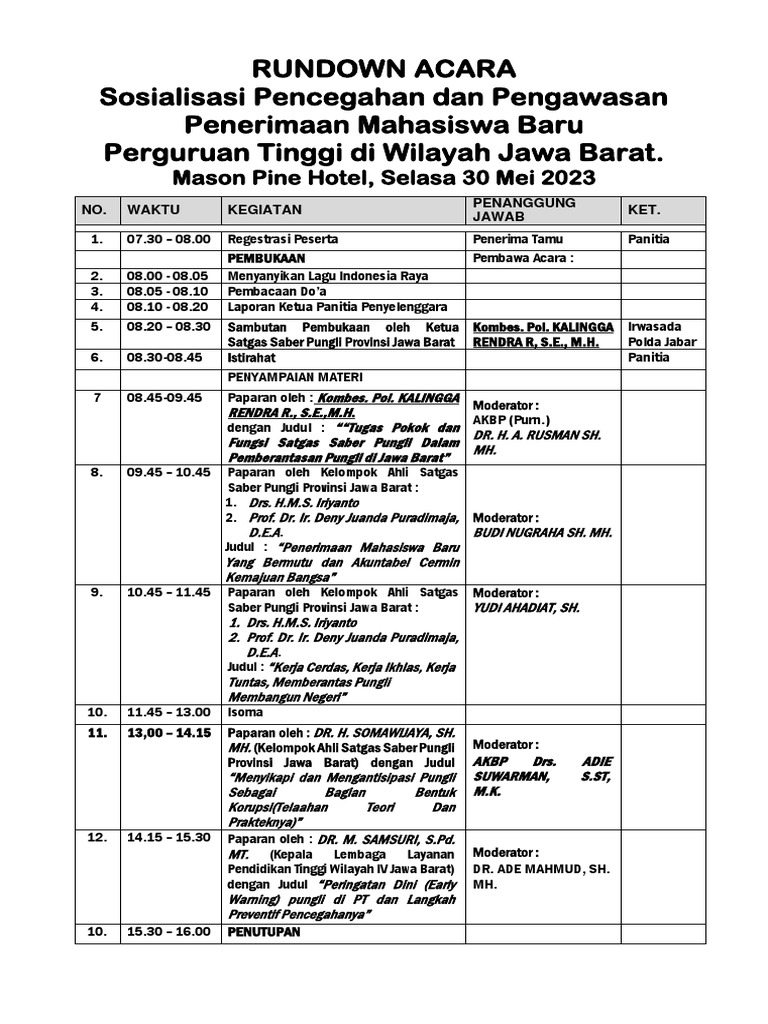 Revisi Rundown Acara Sosialisasi Panitia PMB PTN-PTS 30052023 | PDF