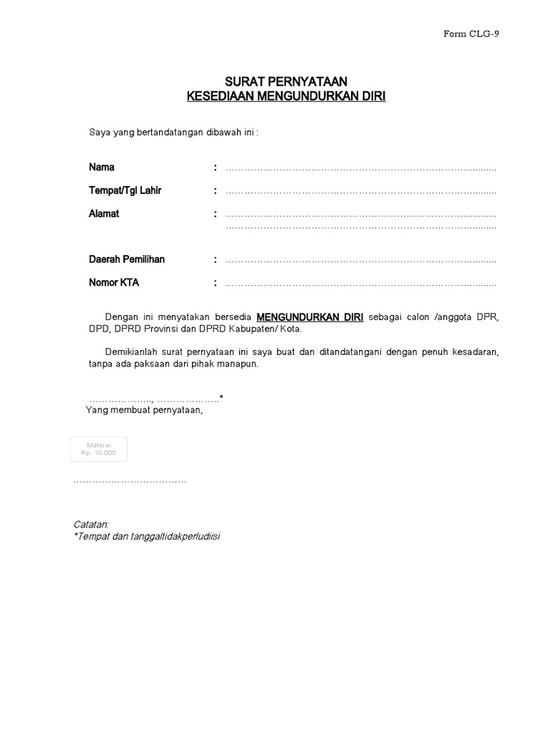 Form CLG-9 Pernyataan Kesediaan Mengundurkan Diri | PDF