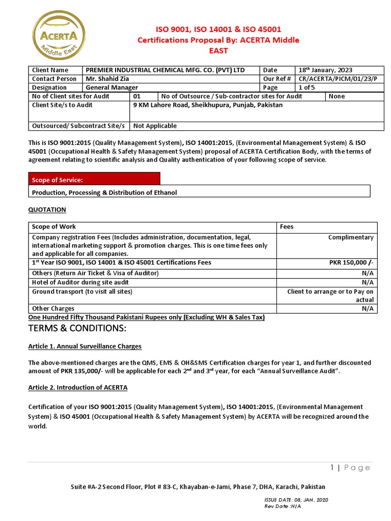 Acerta Iso 9001 (QMS), Iso 14001 (Ems) & Iso 45001 (Oh&Sms) Proposal ...