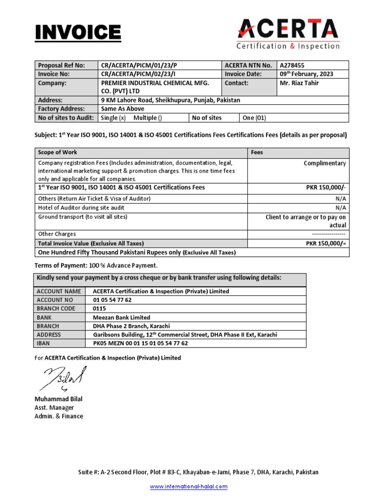 ACI Invoice-1st Year ISO 9001 (QMS), ISO 14001 (EMS) & ISO 45001 (OH ...