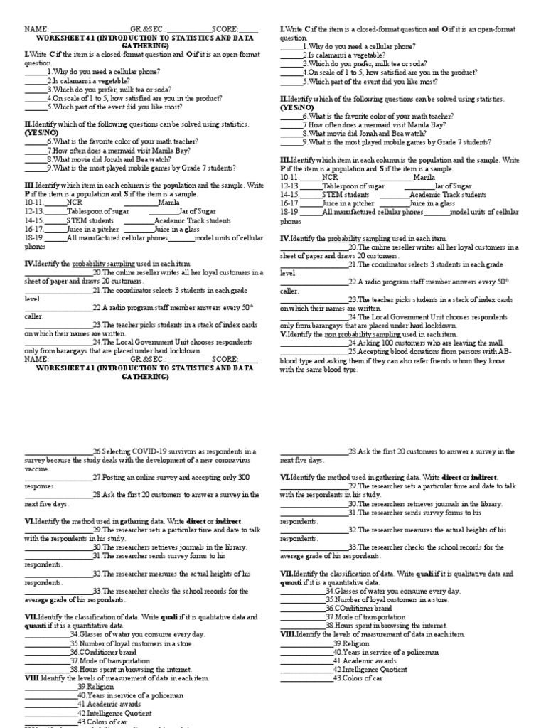 Worksheet 4.1 Introduction To Statistics and Data Gathering | PDF ...