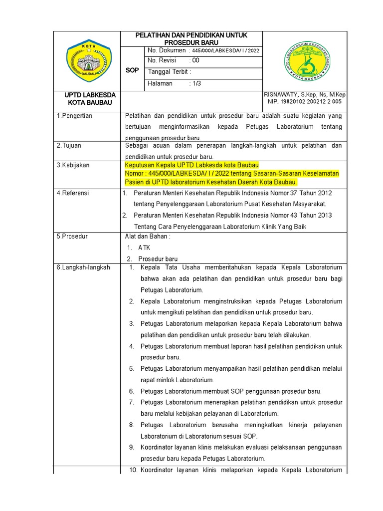 SOP PELATIHAN DAN PENDIDIKAN UNTUK PROSEDUR BARU--- | PDF
