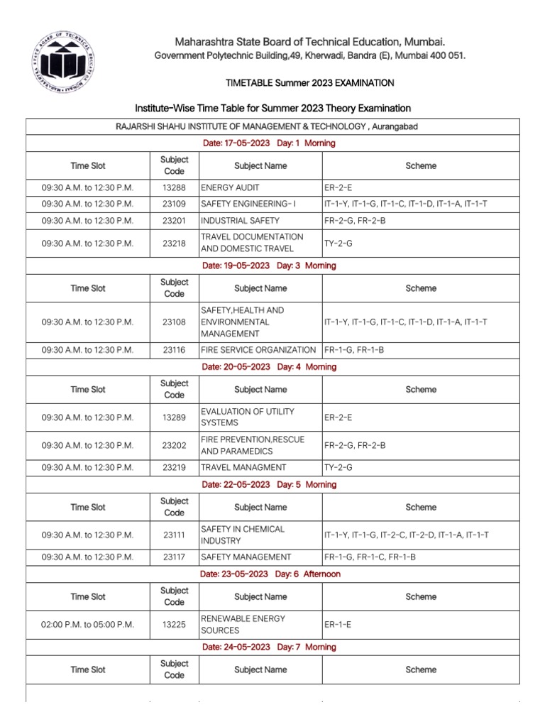 Summer 2023 Exam Schedule | PDF | Occupational Hygiene | Safety