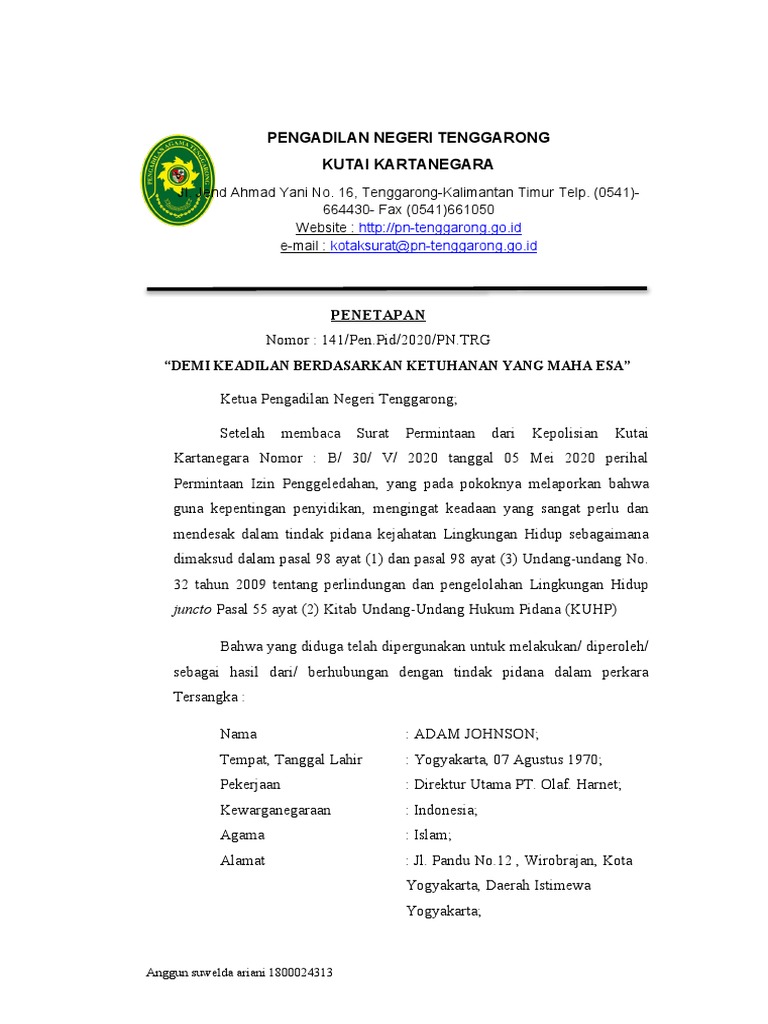 Surat Penetapan Penggeledahan PN Tenggarong | PDF