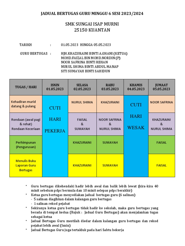Jadual Guru Bertugas M6 | PDF