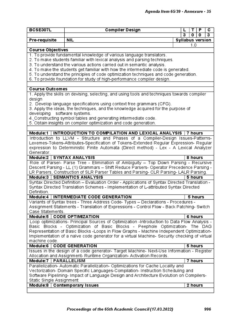 Bcse307l Compiler-Design TH 1.0 70 Bcse307l | PDF | Parsing | Compiler