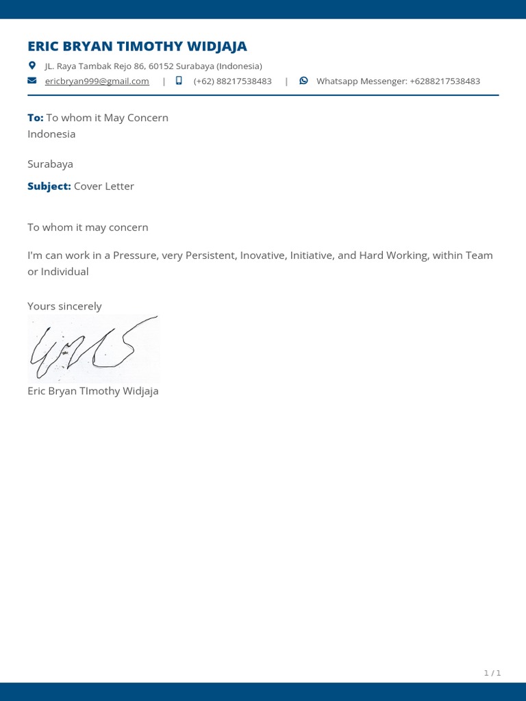 Cover Letter - Eric Bryan TImothy Widjaja | PDF