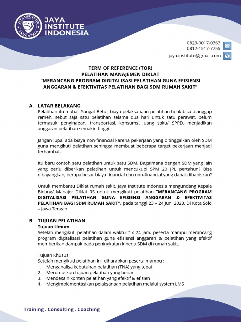 Tor Pelatihan Manajemen Diklat | PDF