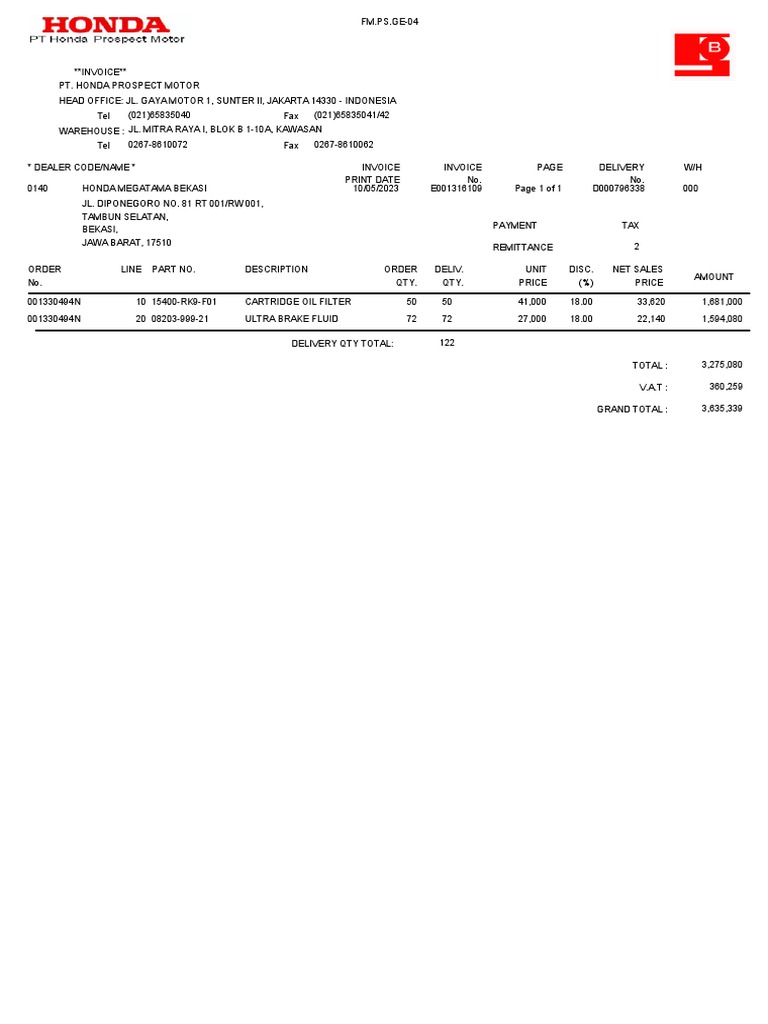Invoice E001316109-1 | PDF | Honda | Motor Vehicle Manufacturers Of Japan