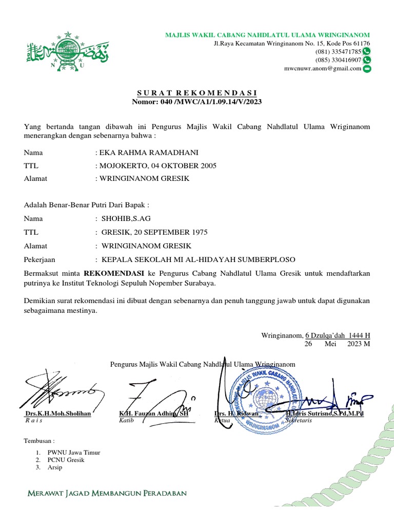 Surat Rekomendasi Mwcnu | PDF