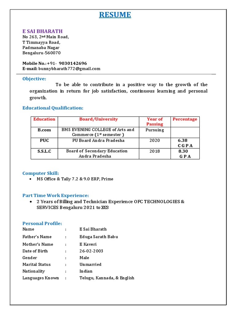E Sai Bharath Resume | PDF