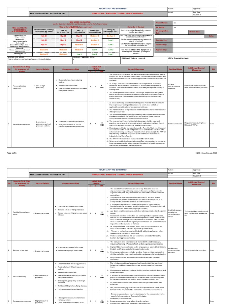 Risk Assessment: Act/Hse/Ra 001: Hydrostatic Pressure Testing Inside ...