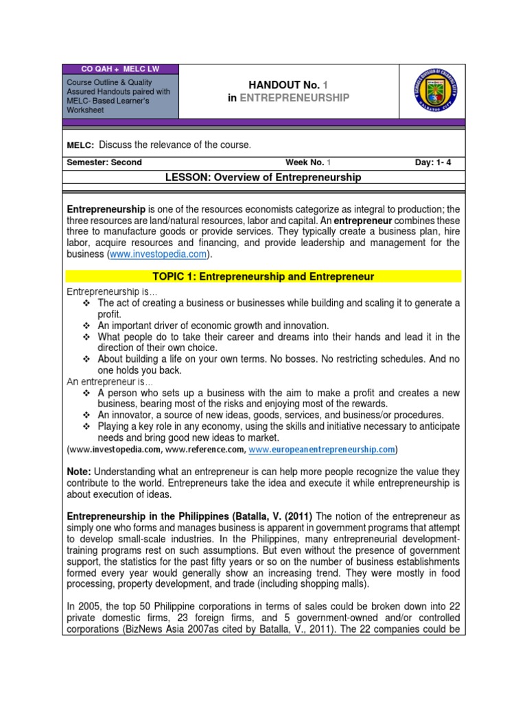 Reviewer For Grade 11 in Entrepreneurship | PDF | Entrepreneurship ...