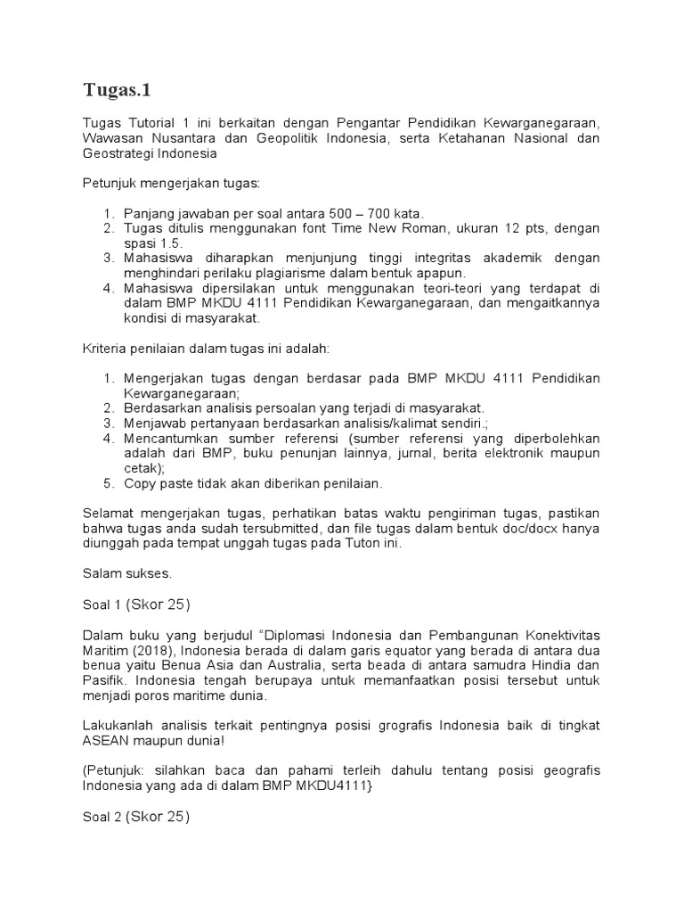 TUTON 1 Pendidikan Kewarganegaraan MKWU4109 | PDF