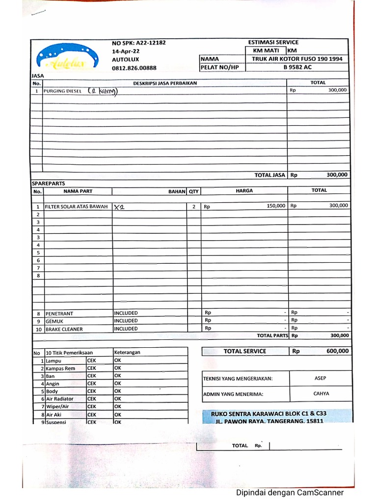 ESTIMASI TRUK perbaikan B 9582 AC | PDF