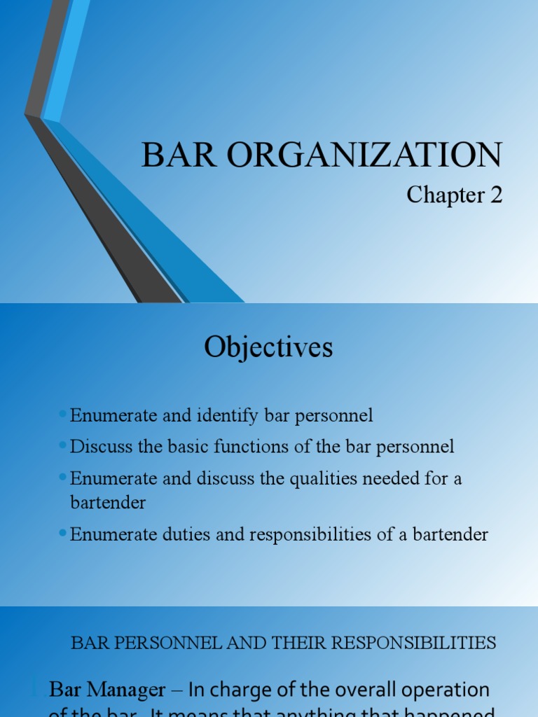 BAR ORGANIZATION Lesson 2 | PDF | Waiting Staff | Bartender