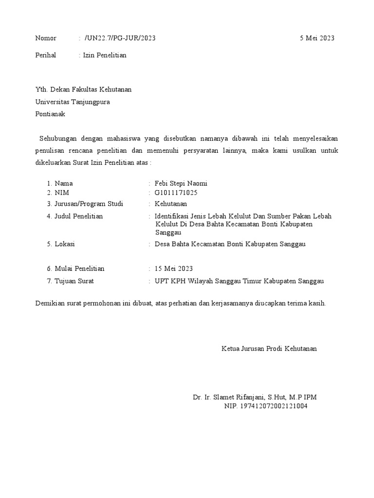 contoh surat izin penelitian | PDF