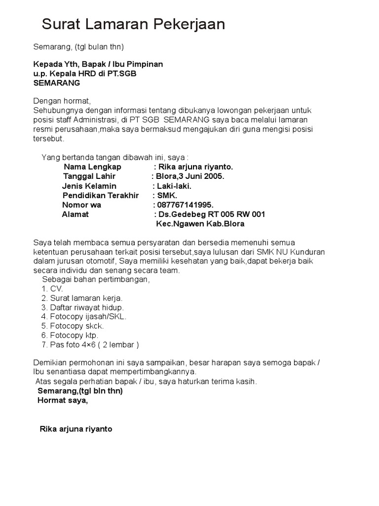 Surat Lamaran Kerja | PDF | Karier & Perkembangan