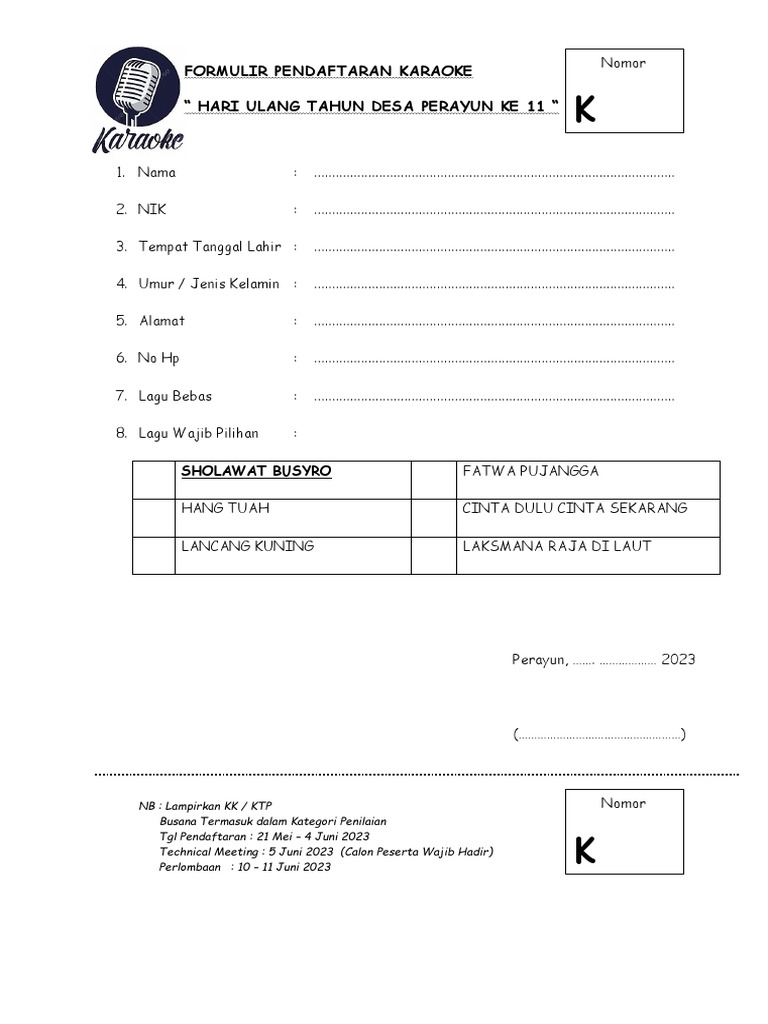 Formulir Pendaftaran Karaoke | PDF