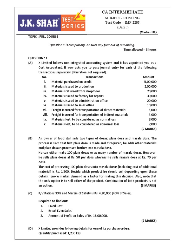 Imp 2203 - Costing - Question Paper | PDF | Cost | Labour Economics